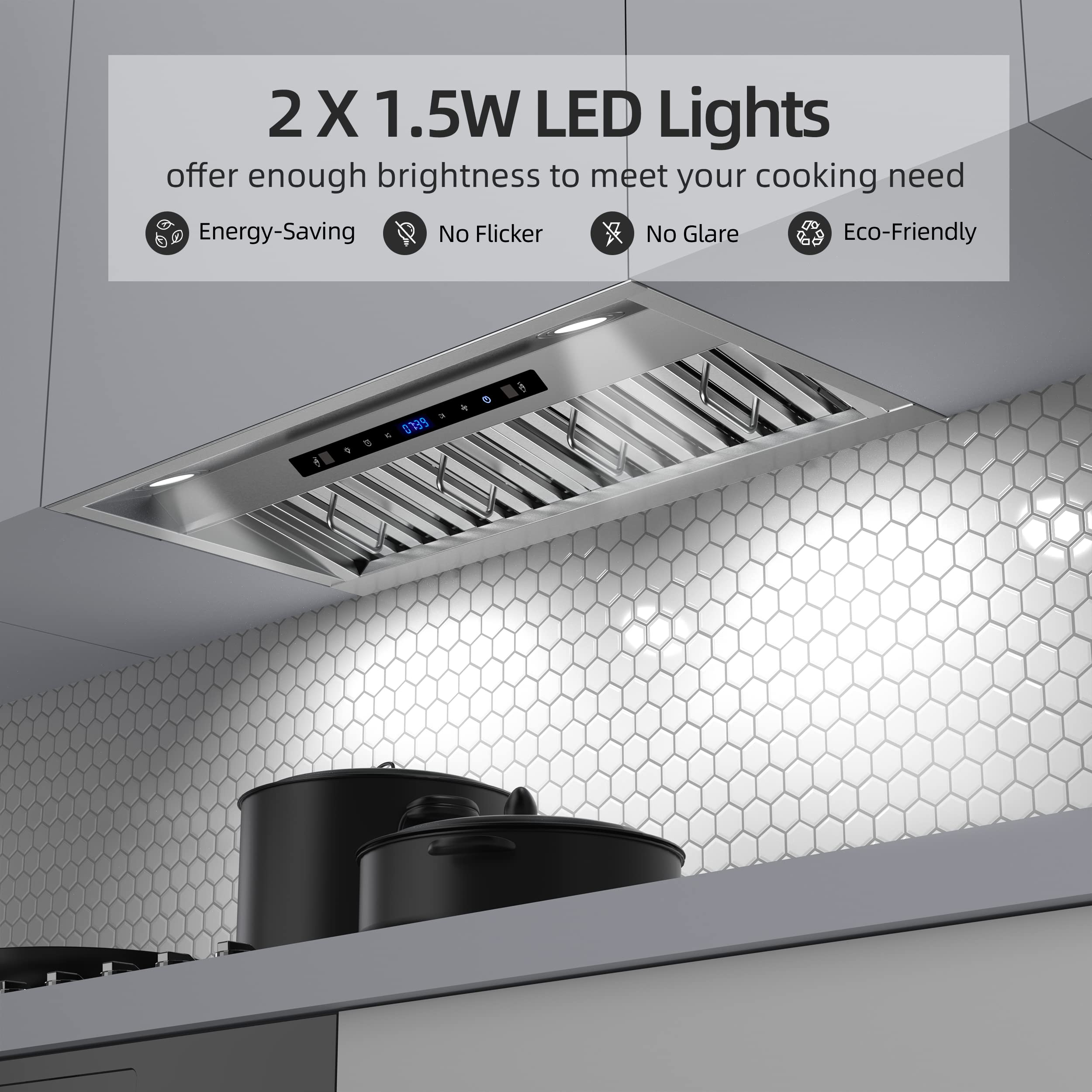 FIREGAS Range Hood Insert 30 inch, Ducted/Ductless Range Hoods 800CFM, Kitchen Vent Hood with 3 Speed Exhaust Fan, 2 Baffle Filters, Touch and Gesture Sensing Control Built in Stove Hood
