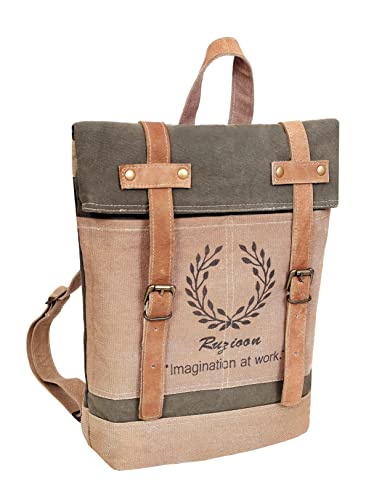 Ruzioon Upcycled Canvas & Cowhide Leather Roll Backpack, Canvas & Cowhide Leather Backpack for Men’s and Women’s, Canvas & Cowhide Leather Travel Backpack, Canvas Weekend backpack