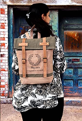 Ruzioon Upcycled Canvas & Cowhide Leather Roll Backpack, Canvas & Cowhide Leather Backpack for Men’s and Women’s, Canvas & Cowhide Leather Travel Backpack, Canvas Weekend backpack