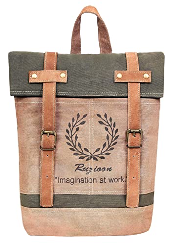Ruzioon Upcycled Canvas & Cowhide Leather Roll Backpack, Canvas & Cowhide Leather Backpack for Men’s and Women’s, Canvas & Cowhide Leather Travel Backpack, Canvas Weekend backpack