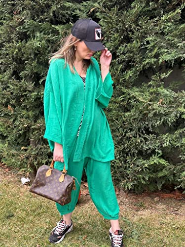 H&L Moda Women's Linen 2 Piece Outfits - Cropped Tank Top and Loose Fit Drawstring Pants Set (Green, L-XL)