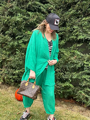 H&L Moda Women's Linen 2 Piece Outfits - Cropped Tank Top and Loose Fit Drawstring Pants Set (Green, L-XL)