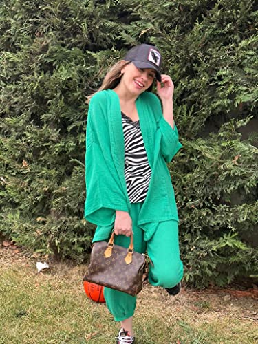 H&L Moda Women's Linen 2 Piece Outfits - Cropped Tank Top and Loose Fit Drawstring Pants Set (Green, L-XL)