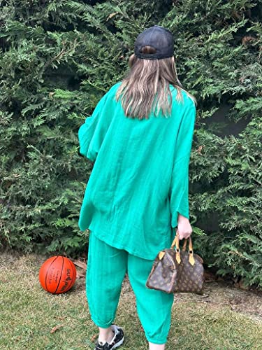 H&L Moda Women's Linen 2 Piece Outfits - Cropped Tank Top and Loose Fit Drawstring Pants Set (Green, L-XL)