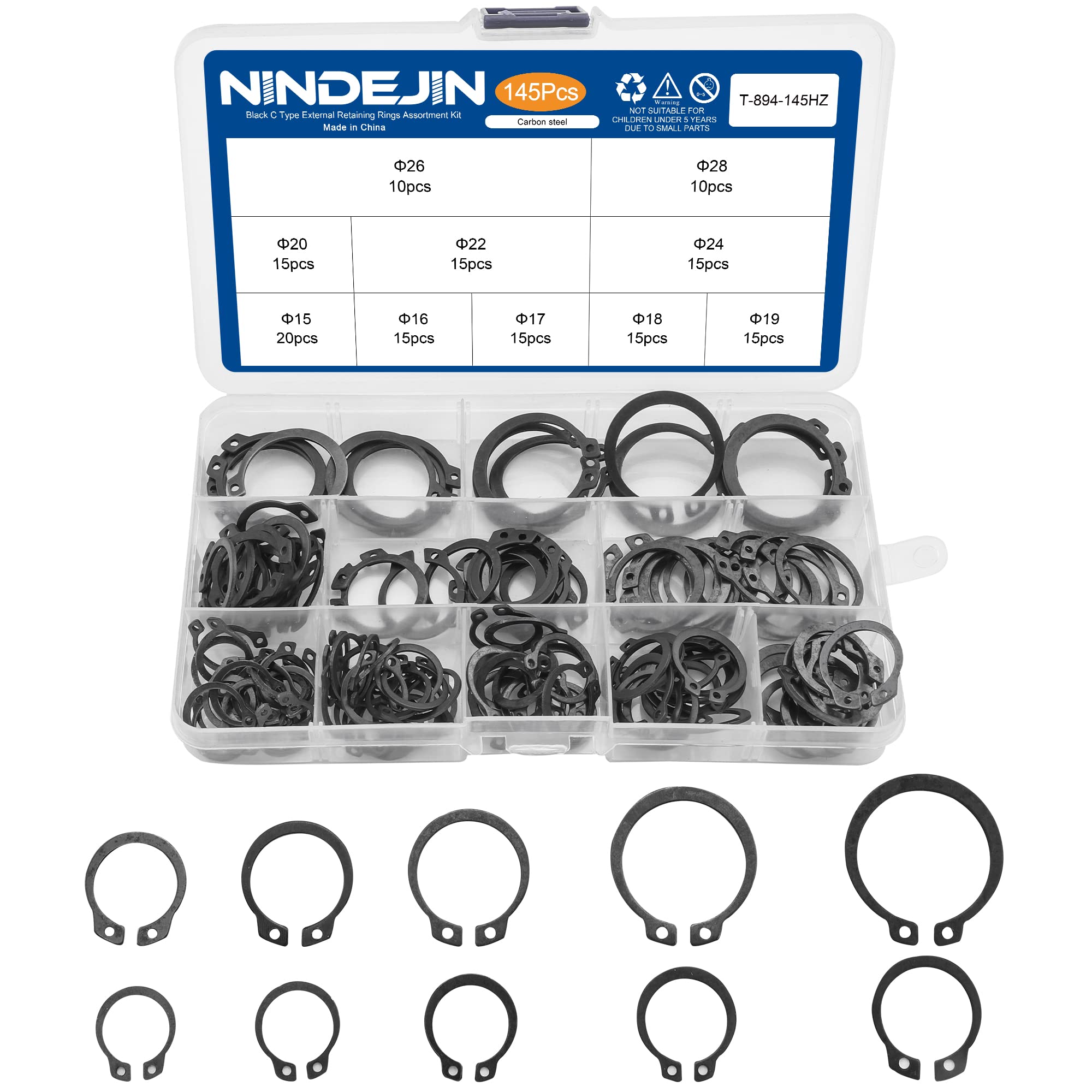 NINDEJIN Snap Ring Shop Assortment, 145PCS External Retaining Rings 15-28mm (0.59''-1.1'') Carbon Steel Snap Retaining C Clip Rings Kit for Grooved Shafts, Studs, and Other Moving Parts