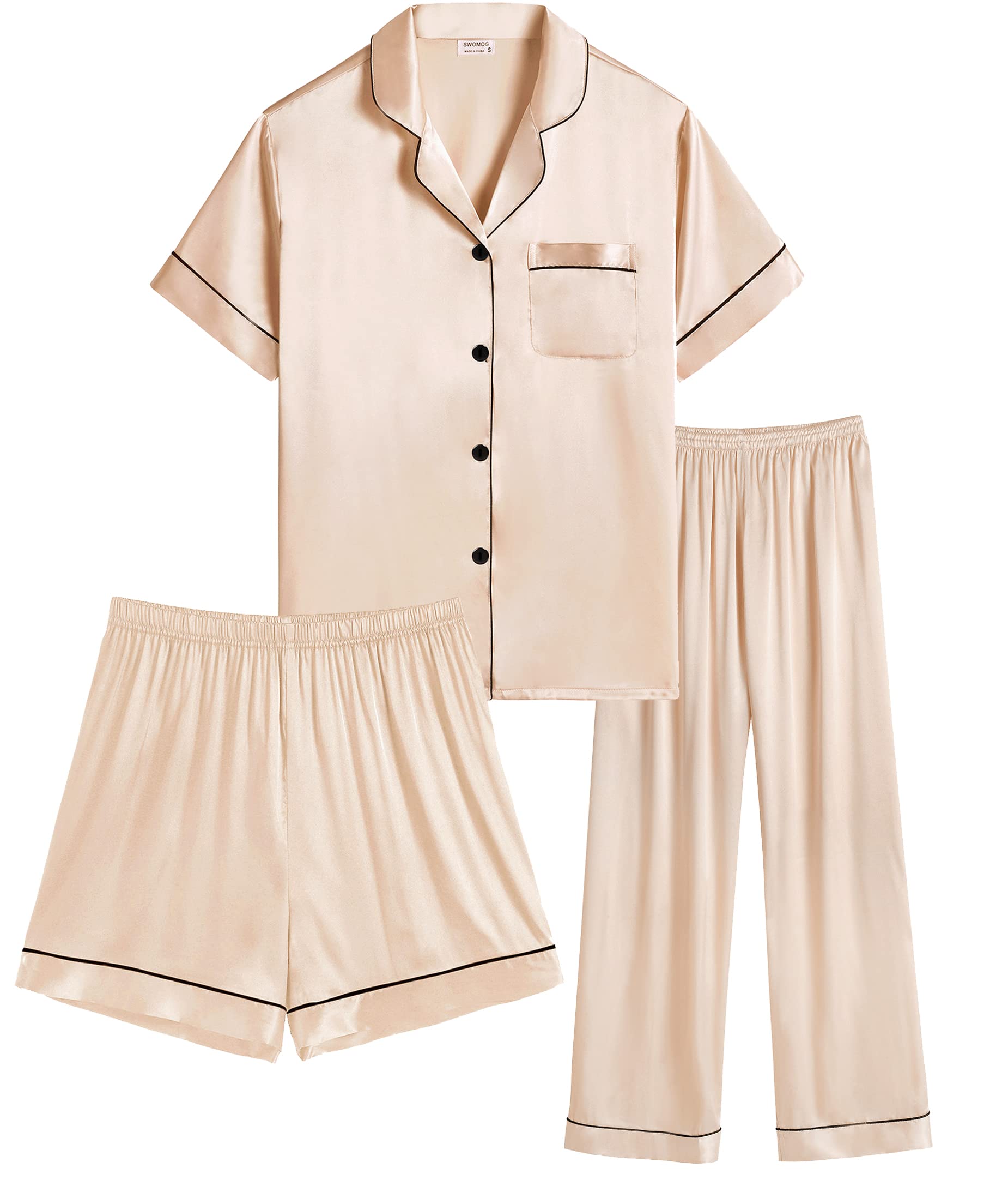 SWOMOG Women 3 PCS Silk Satin Pajama Set Short Sleeve Pjs Set Button Down Sleepwear Bridal Lounge Sets Shorts and Capri Pants Pink