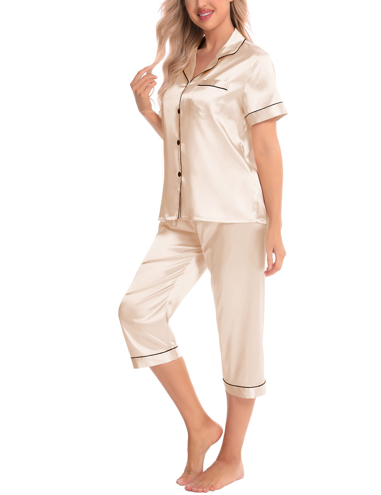 SWOMOG Women 3 PCS Silk Satin Pajama Set Short Sleeve Pjs Set Button Down Sleepwear Bridal Lounge Sets Shorts and Capri Pants Pink