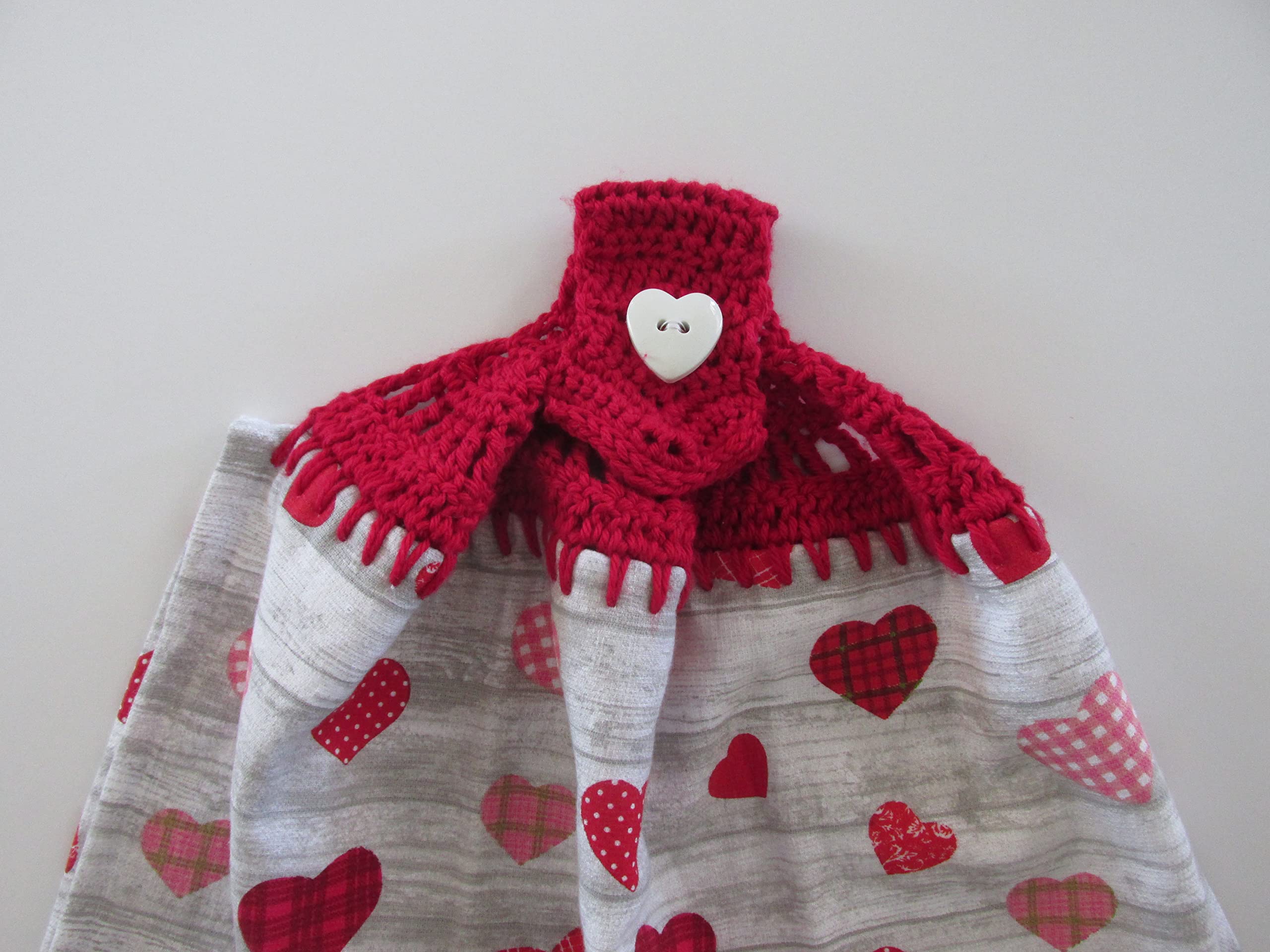 Valentine's Day Red & Pink Hearts Hanging Kitchen Towel - Red Crochet Top - Double Thickness Best Quality