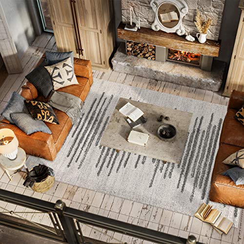 Eyely HOM205A-8 Moroccan Hype Aya Berber Stripe Geometric Indoor Area Rug Modern;Transitional;Bohemian;Rustic, Bedroom, Kitchen, Living Room, Easy-Cleaning, Non-Shedding, 8 X 10, Cream/Gray