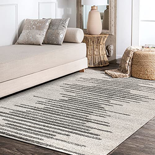 Eyely HOM205A-8 Moroccan Hype Aya Berber Stripe Geometric Indoor Area Rug Modern;Transitional;Bohemian;Rustic, Bedroom, Kitchen, Living Room, Easy-Cleaning, Non-Shedding, 8 X 10, Cream/Gray