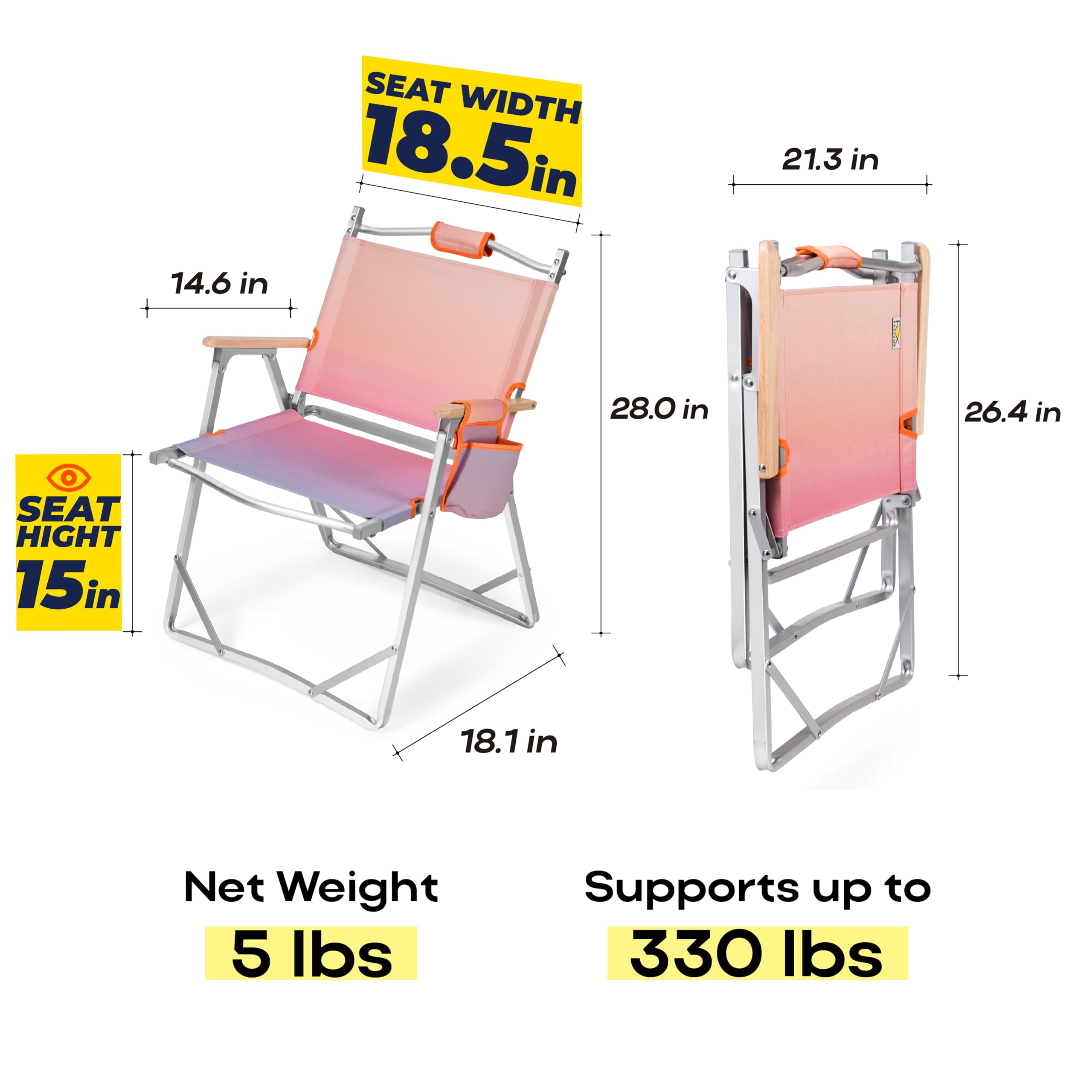 FOXCAMP Lightweight Camping Chairs | Portable Folding Chair | Beach Chair | Stylish Design with Wood Handles | Heavy Duty 330 lbs | Ultralight 5 lbs | Beach, Picnic, Concerts, BBQ