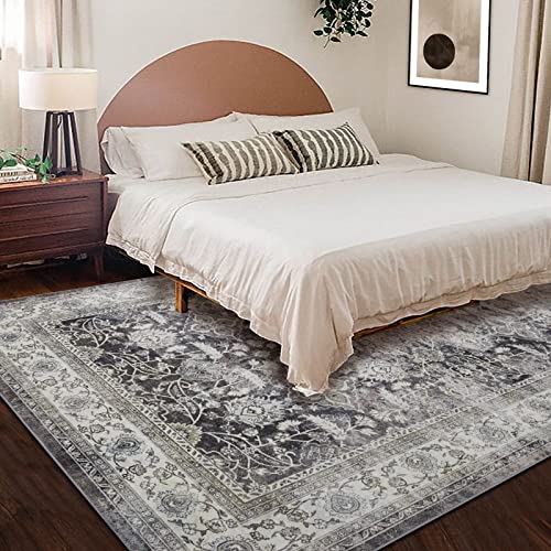 COZYLOOM 8x10 Vintage Area Rug for Living Room Retro Floral Rug Tribal Indoor Throw Carpet Machine Washable Non-Slip Rug Foldable Boho Floor Cover for Bedroom Home Office Grey