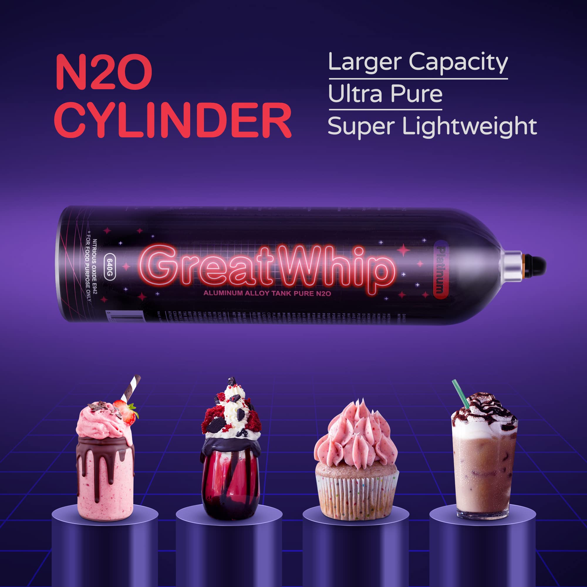 GreatWhip 640g Whipped Cream Chargers Aluminum Construction 6 Cylinders Lightest Nitrous Oxide N2O Tank Cartridge (1 Box)