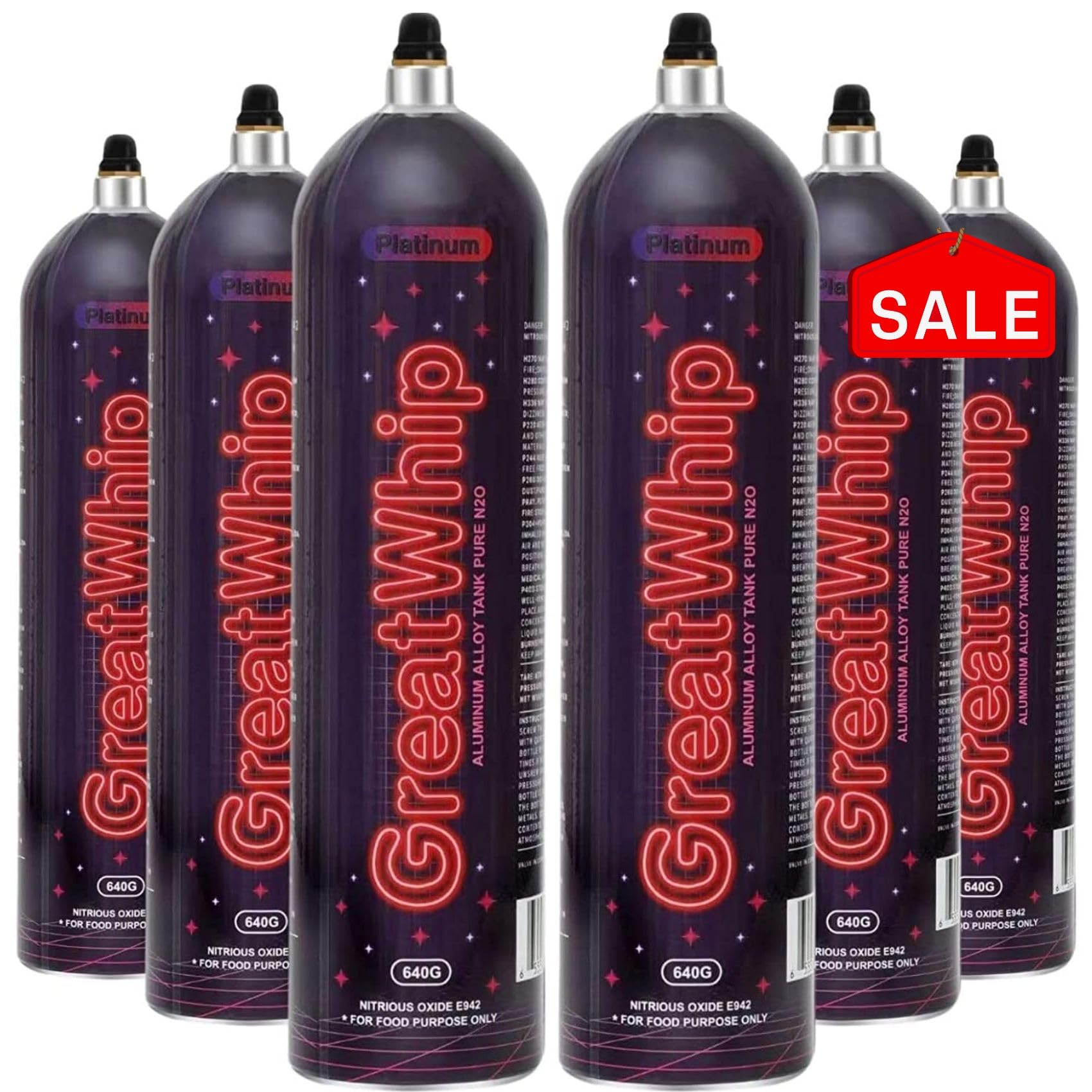 GreatWhip 640g Whipped Cream Chargers Aluminum Construction 6 Cylinders Lightest Nitrous Oxide N2O Tank Cartridge (1 Box)