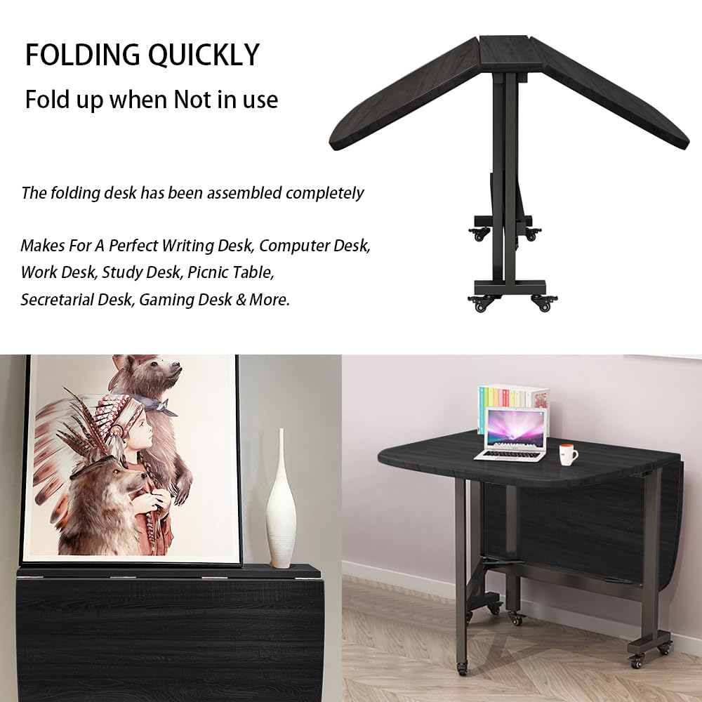Rukulin Multifunction Table Drop Leaf Dining Table - 47" Wooden Foldable Kitchen Table with 6 Wheels (Black)