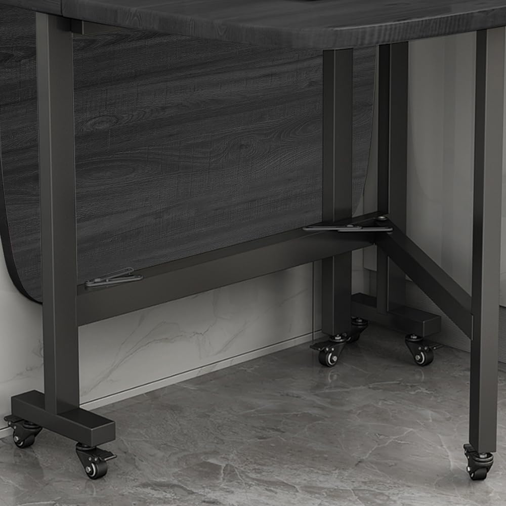 Rukulin Multifunction Table Drop Leaf Dining Table - 47" Wooden Foldable Kitchen Table with 6 Wheels (Black)
