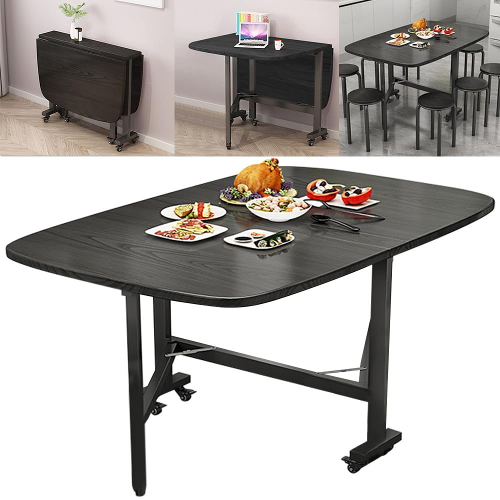 Rukulin Multifunction Table Drop Leaf Dining Table - 47" Wooden Foldable Kitchen Table with 6 Wheels (Black)