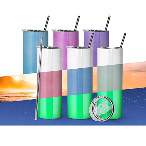 AGH 20 oz Glow in the Dark Sublimation Tumblers | UV Color Changing Sublimation Tumblers | Stainless Steel Vacuum Insulated Straight Skinny Tumblers with Lids and Straws | White to 6 Colors | 6 Pack
