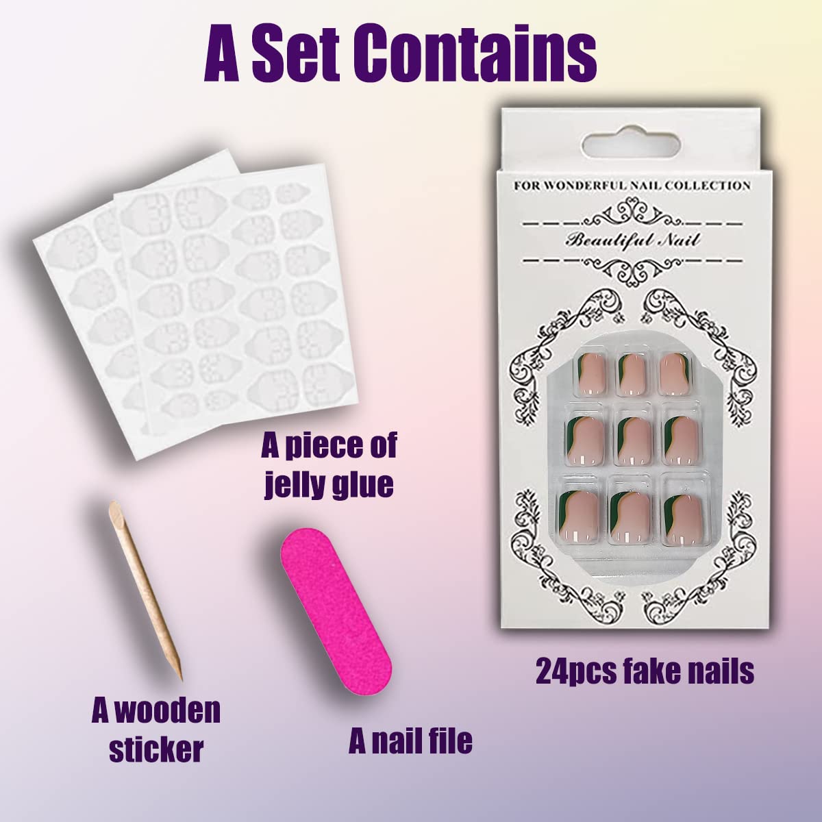 QINGGE Pink Press on Nails Short Length Square Fake Nails with Green Gold Stripe Design Fashion Stick on Nails Glue on Nails Glossy Acrylic Nails False Nails for Women 24Pcs