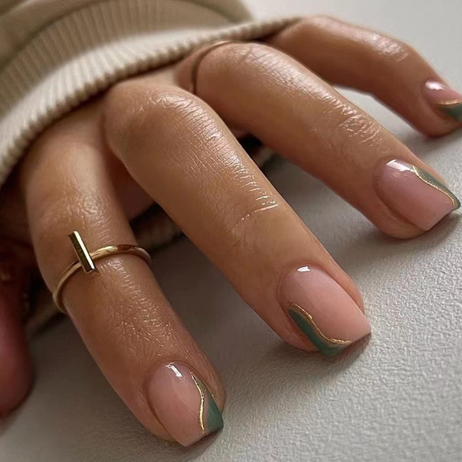 QINGGE Pink Press on Nails Short Length Square Fake Nails with Green Gold Stripe Design Fashion Stick on Nails Glue on Nails Glossy Acrylic Nails False Nails for Women 24Pcs