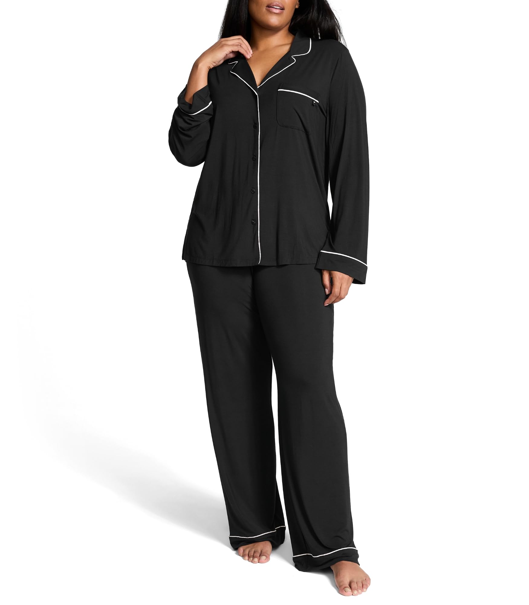 Victoria's Secret Modal Pajama Set, Long Sleeve Shirt and Pants, Pajamas for Women, Black W Angel Pink Piping, S