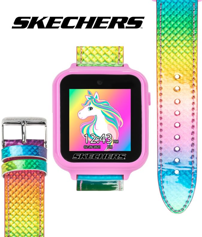 Skechers Kids Smart Watch with Rainbow Iridescent Strap, Games, Camera, & Fitness Tracker – Fun & Colorful Digital Watch with Touchscreen, Alarm, and Step Counter, Perfect for Everyday Wear and Play