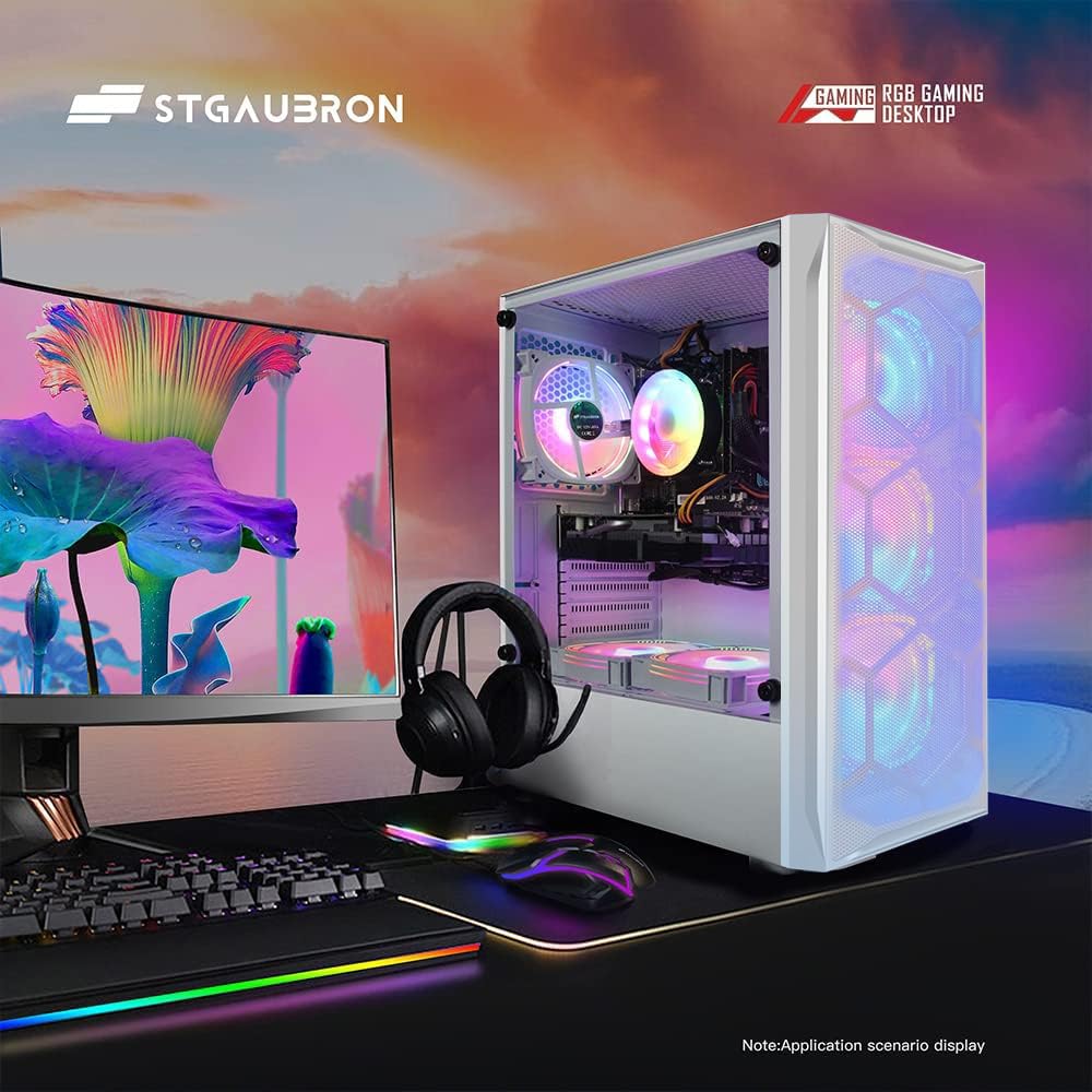 STGAubron Gaming PC Computer Desktop, GeForce GTX 1660 Ti 6G, Intel Core I7 up to 3.9 GHz, 16G RAM, 512G SSD, WiFi, BT 5.0, RGB Fan x 6, RGB BT Sound Bar, Windows 10 Home, White