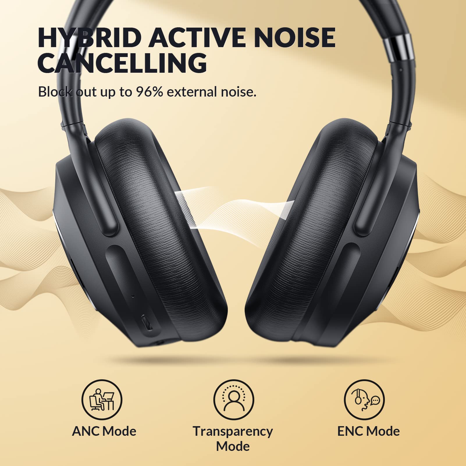 MOVSSOU SE8 Hybrid Active Noise Cancelling Headphones, Wireless Over-Ear Bluetooth Headphones with Hi-Fi Stereo Sound, Lightweight, Comfortable Protein Earpads, ENC Calls, 30H Playtime, Matte Black