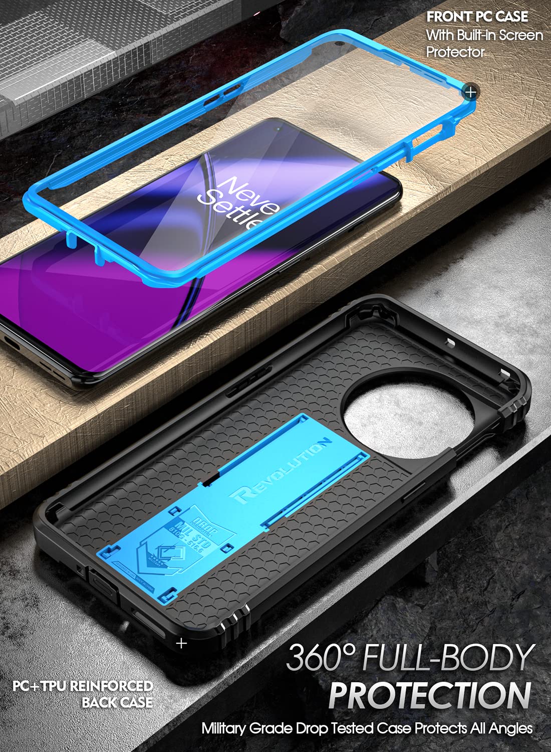 Poetic Revolution Case for OnePlus 11 5G 6.7"(2023), [20 FT Mil-Grade Drop Tested], Full-Body Rugged Dual-Layer Shockproof Protective Cover with Kickstand and Built-in-Screen Protector, Light Blue