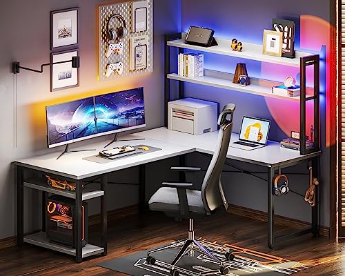 ODK L Shaped Gaming Desk with Hutch, Computer Desk with Storage Shelves, 59" L Shaped Desk for Home Office, Corner Desk with Headphone Hook, White