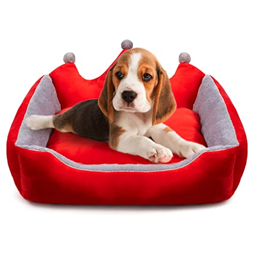 Hollypet Pet Bed for Dog and Cat Rectangle Plush Warm Puppy Sofa Mat Cushion, Red Crown