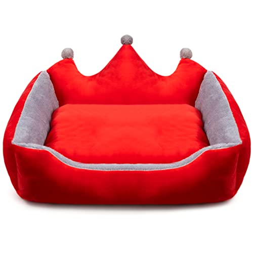 Hollypet Pet Bed for Dog and Cat Rectangle Plush Warm Puppy Sofa Mat Cushion, Red Crown