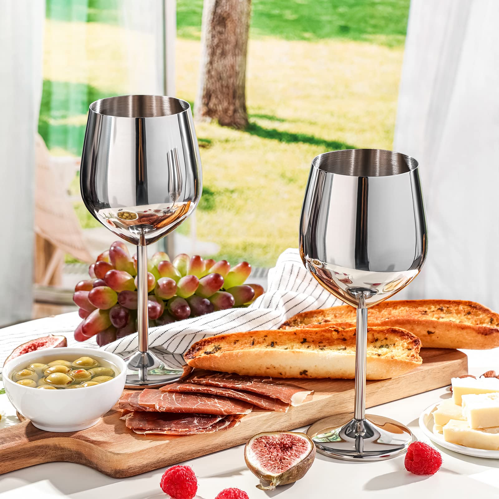 WOTOR Stainless Steel Wine Glasses Set of 2, 18oz Unbreakable Metal Wine Glass, Silver Wine Goblets for Outdoor, Ideal Gift for Wine Lovers (Silver)
