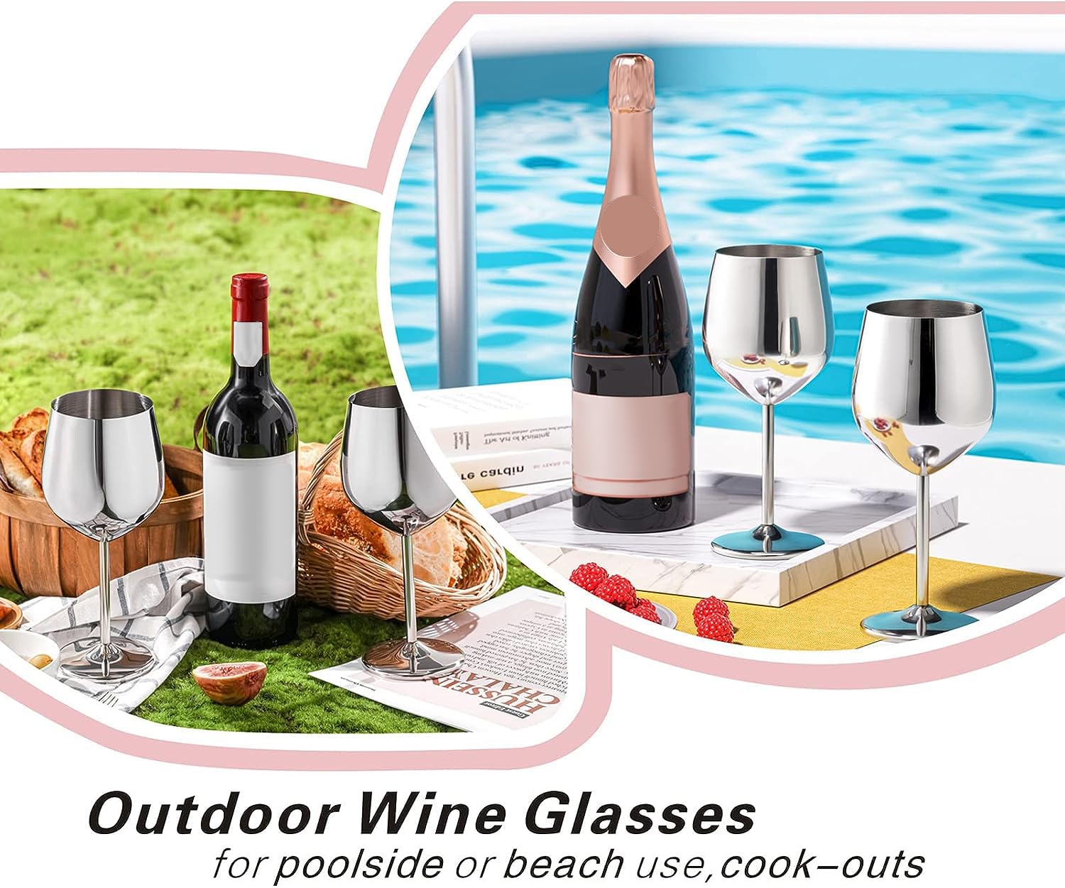 WOTOR Stainless Steel Wine Glasses Set of 2, 18oz Unbreakable Metal Wine Glass, Silver Wine Goblets for Outdoor, Ideal Gift for Wine Lovers (Silver)