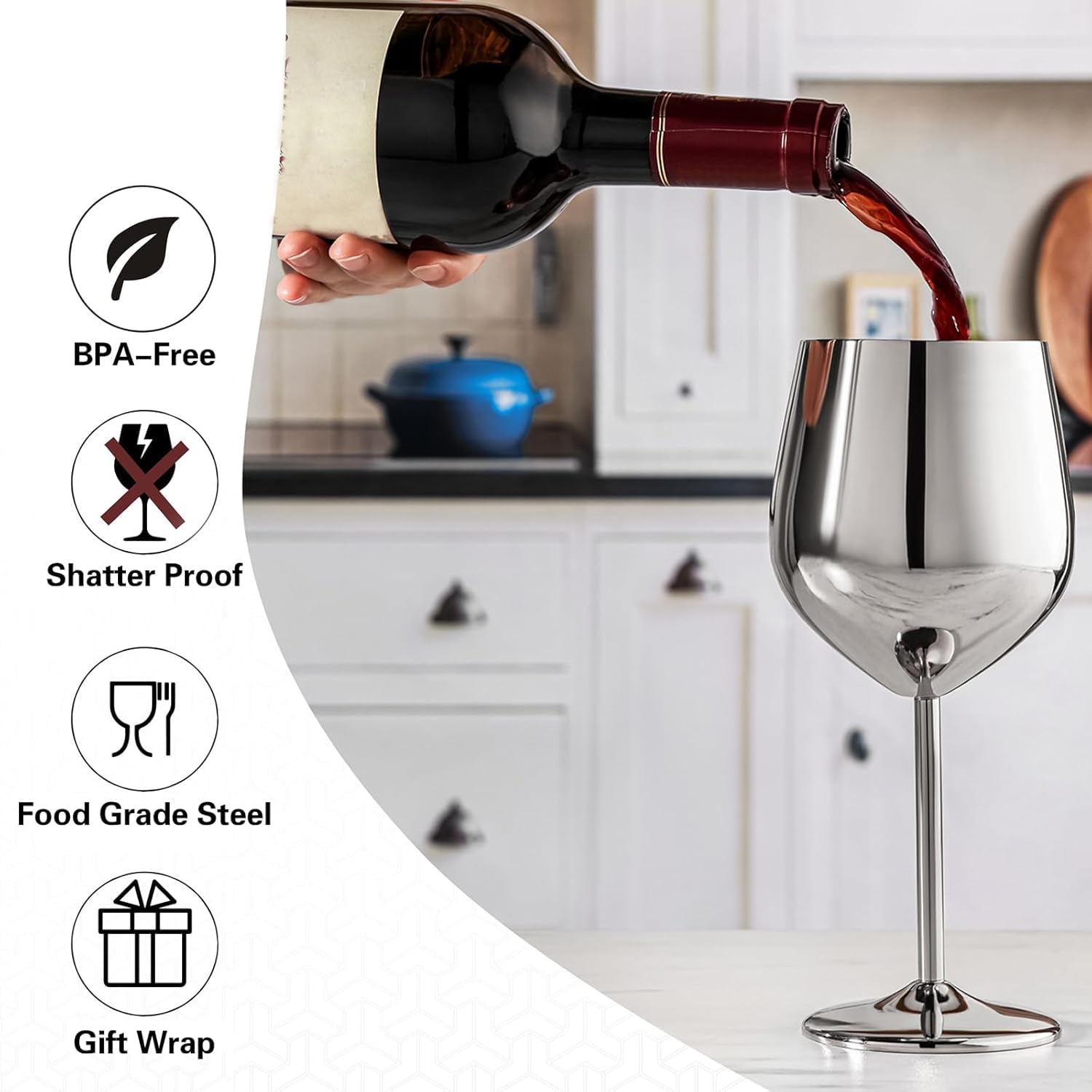 WOTOR Stainless Steel Wine Glasses Set of 2, 18oz Unbreakable Metal Wine Glass, Silver Wine Goblets for Outdoor, Ideal Gift for Wine Lovers (Silver)