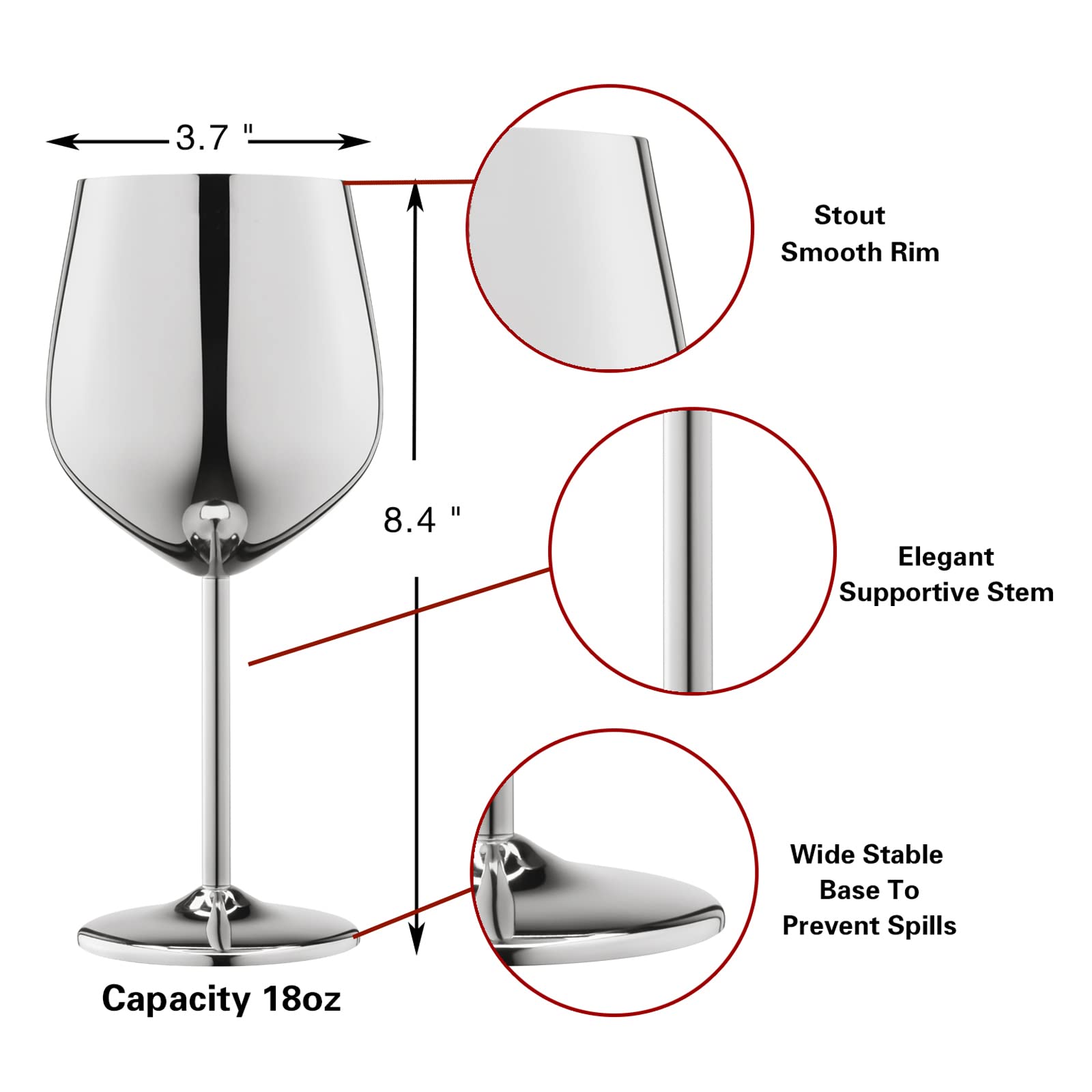 WOTOR Stainless Steel Wine Glasses Set of 2, 18oz Unbreakable Metal Wine Glass, Silver Wine Goblets for Outdoor, Ideal Gift for Wine Lovers (Silver)