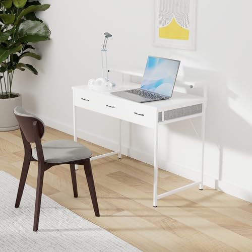 ODK 40 Inch Computer Desk with 3 Fabric Drawers, Home Office Desks with Storage, Modern Work Desk for Bedroom, Writing Study Table, Pure White