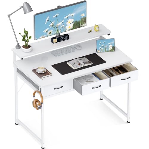 ODK 40 Inch Computer Desk with 3 Fabric Drawers, Home Office Desks with Storage, Modern Work Desk for Bedroom, Writing Study Table, Pure White
