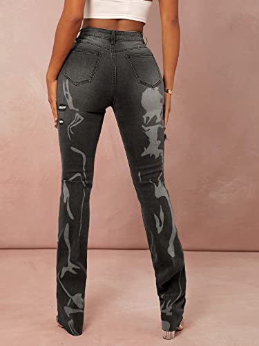 WDIRARA Women's Graphic Print Ripped Jeans High Waisted Button Skinny Denim Pants Grey S
