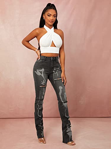 WDIRARA Women's Graphic Print Ripped Jeans High Waisted Button Skinny Denim Pants Grey S