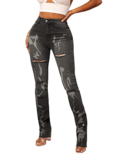 WDIRARA Women's Graphic Print Ripped Jeans High Waisted Button Skinny Denim Pants Grey S