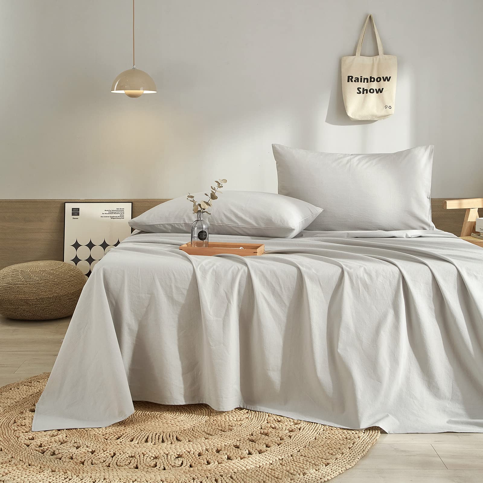 Full Size Sheets Set Grey Bed Sheets Deep Pocket 4 Piece Bedding Sheets & Pillowcases Set, Hotel Luxury Silver Grey Sheets 100% Washed Cotton Breathable Cooling Sheets, Fade, Stain, Shrink Resistant