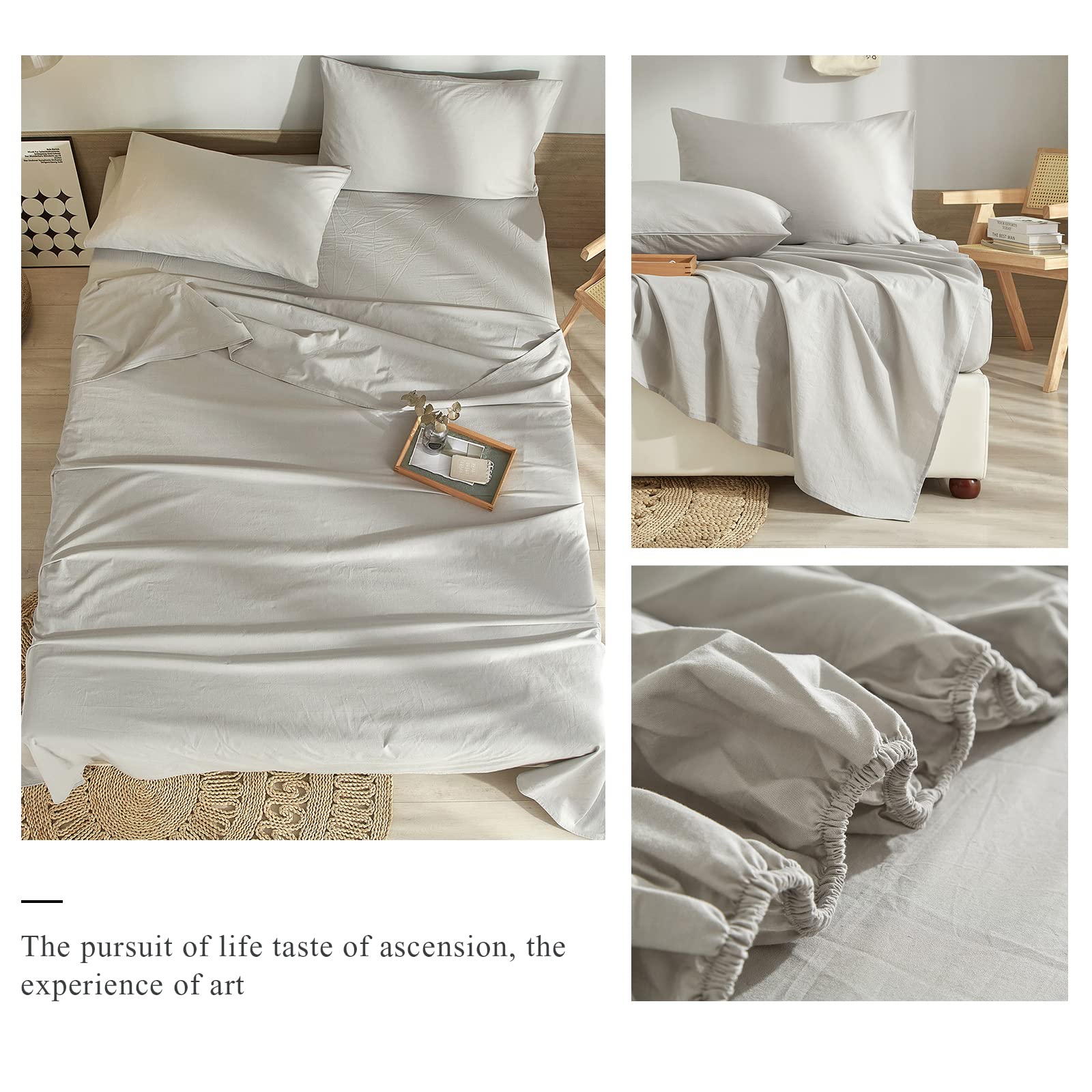 Full Size Sheets Set Grey Bed Sheets Deep Pocket 4 Piece Bedding Sheets & Pillowcases Set, Hotel Luxury Silver Grey Sheets 100% Washed Cotton Breathable Cooling Sheets, Fade, Stain, Shrink Resistant
