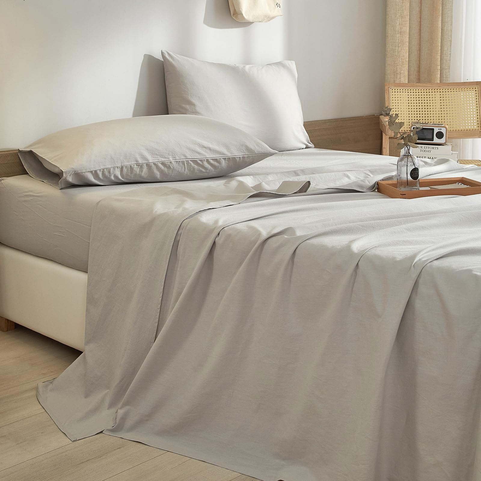 Full Size Sheets Set Grey Bed Sheets Deep Pocket 4 Piece Bedding Sheets & Pillowcases Set, Hotel Luxury Silver Grey Sheets 100% Washed Cotton Breathable Cooling Sheets, Fade, Stain, Shrink Resistant