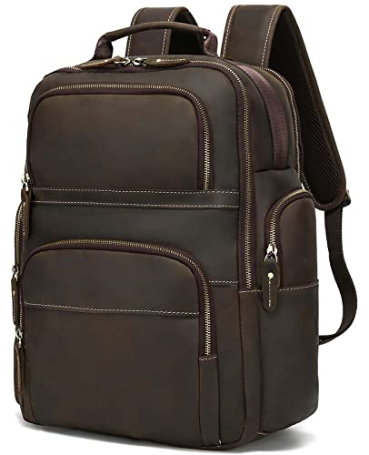 Taertii Full Grain Mens Leather Backpack for 15.6" Laptop Large Capacity 32L Multi Pockets Travel Work Hiking Daypacks