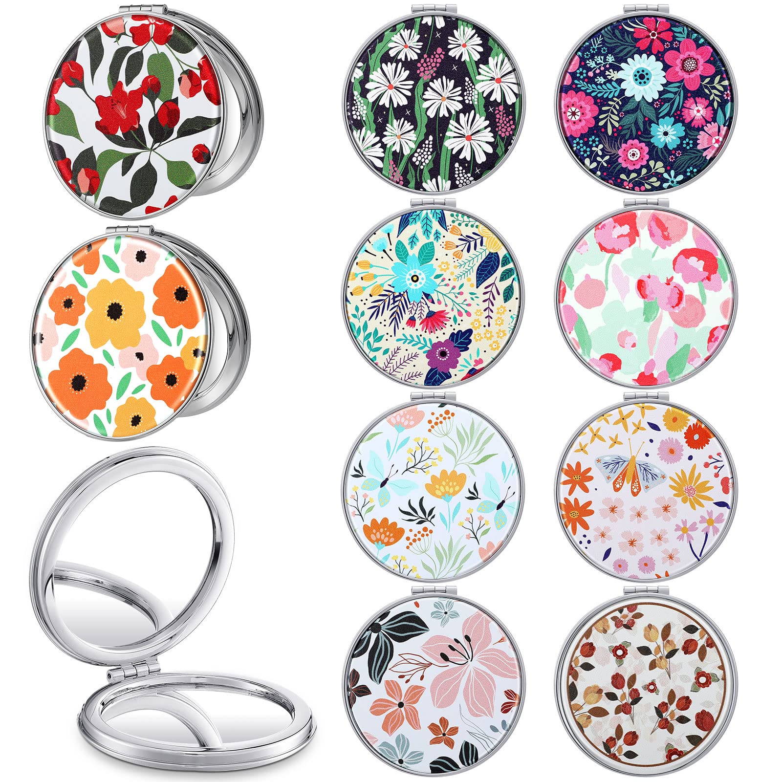 10 Pcs Compact Mirror Bulk for Women Double Sided Makeup Mirror Round Purse Mirror PU Leather Pocket Mirror Portable Travel Mirror Folding Handheld Mirror 1X/2X Girls Handbag, Floral Style