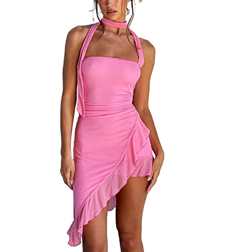 Argeousgor Women Y2k Short Halter Dress V Neck Irregular Ruffle Dress Sleeveless Fringed Mini Dress Sexy Open Back Dresses B-Pink
