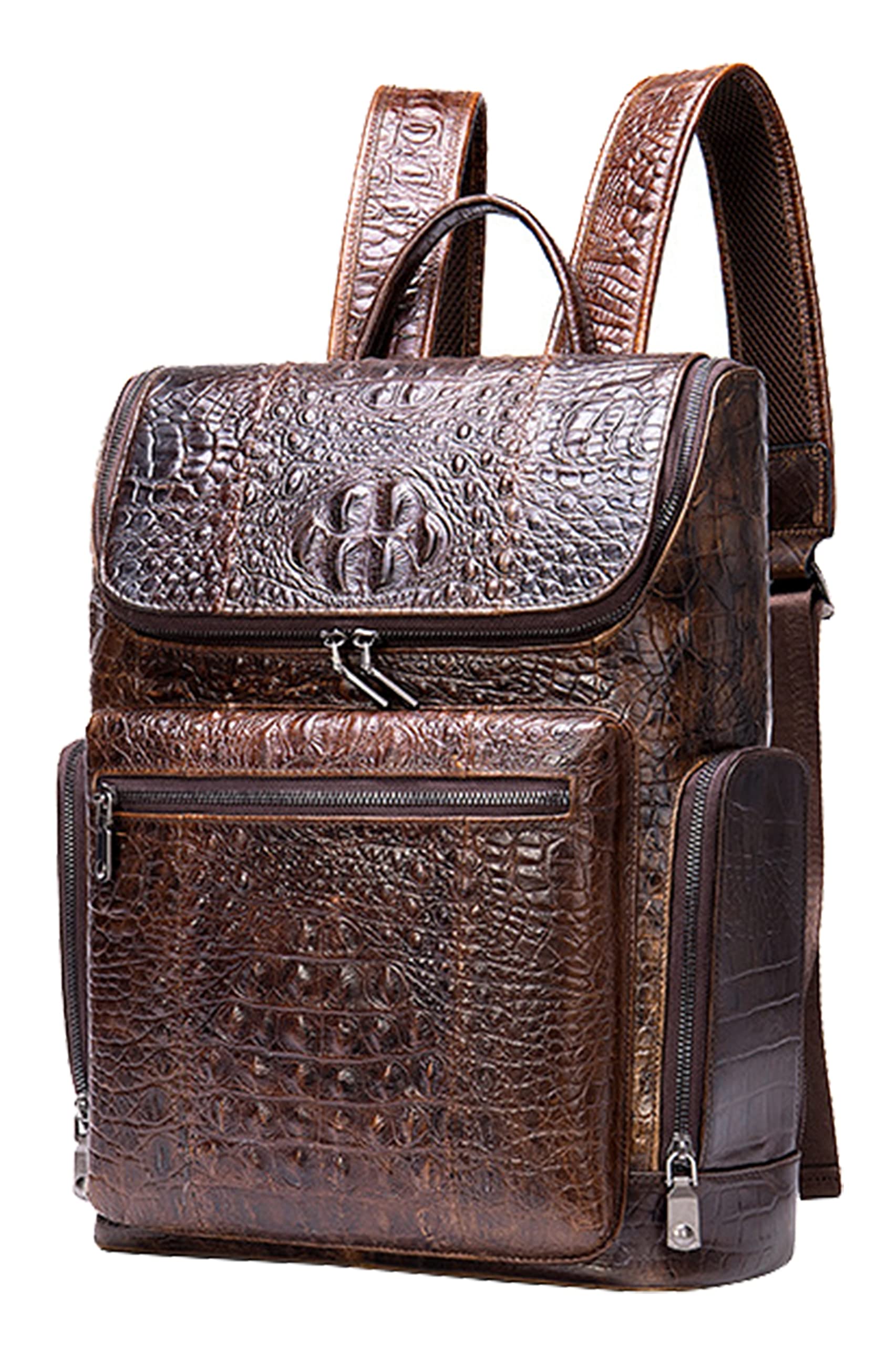 Genuine Leather Backpack For Men, Vintage Crocodile Leather Large Capacity Shoulder Bags for Office Travel Outdoor Weekend (Brown)