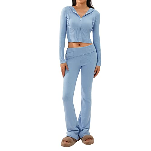 Women Ribbed Knit 2 Piece Outfits Long Sleeve Zipper-Up Slim Fit Hooded Crop Tops High Waist Long Pants Loungewear A Blue