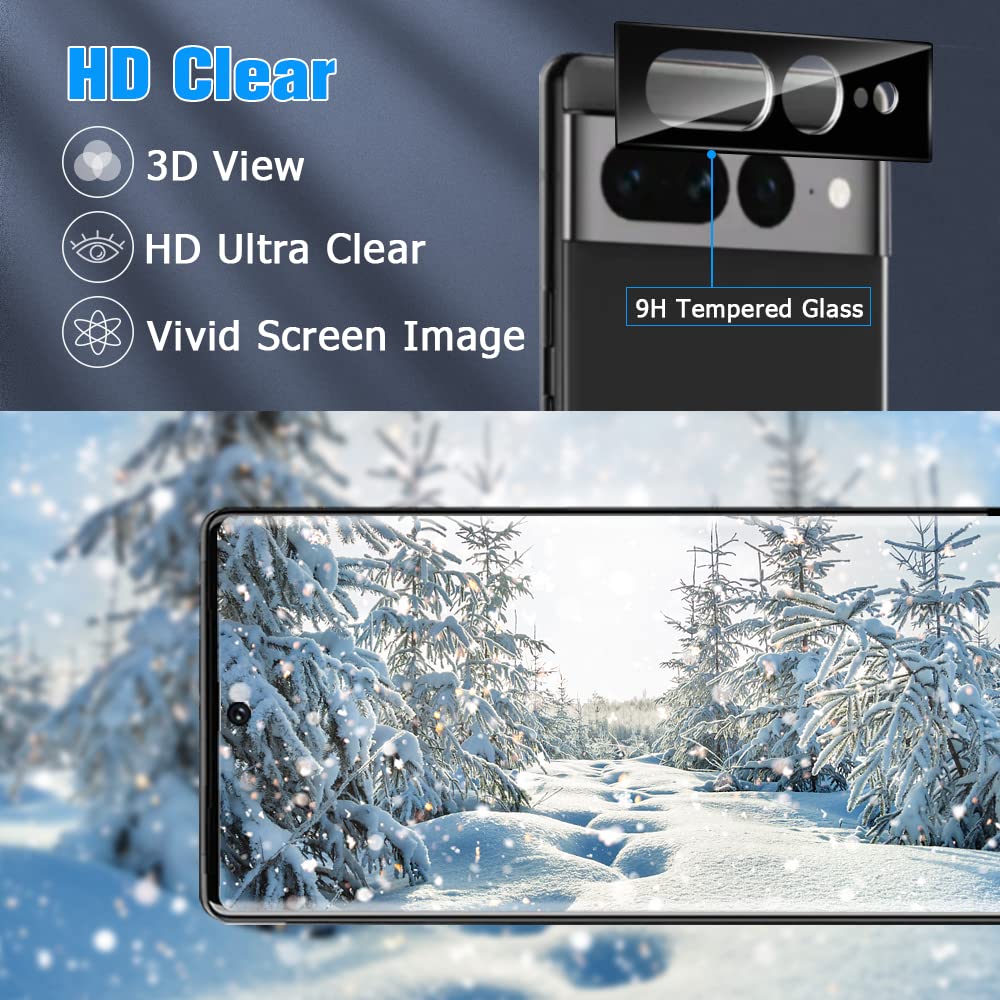 [2+2 Pack] For Google Pixel 7 Pro 5G Glass Screen Protector with Camera Lens Protector, HD Clear 9H Tempered Glass Scratch Resistant, 3D Curved, Ultrasonic Fingerprint Unlock, Bubble-Free (6.7 Inch)